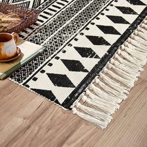 MitoVilla Black White Small Boho Bathroom Rug 2'x3', Vintage Kitchen Area Runner Rugs, Cream Tassel Boho Rug for Bedroom, Beige Farmhouse Geometric Throw Rug, Tribal Washable Bohemian Bath Mat