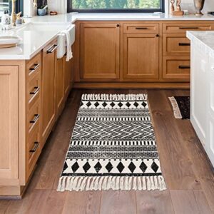 MitoVilla Black White Small Boho Bathroom Rug 2'x3', Vintage Kitchen Area Runner Rugs, Cream Tassel Boho Rug for Bedroom, Beige Farmhouse Geometric Throw Rug, Tribal Washable Bohemian Bath Mat