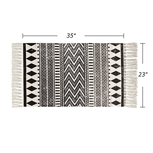 MitoVilla Black White Small Boho Bathroom Rug 2'x3', Vintage Kitchen Area Runner Rugs, Cream Tassel Boho Rug for Bedroom, Beige Farmhouse Geometric Throw Rug, Tribal Washable Bohemian Bath Mat