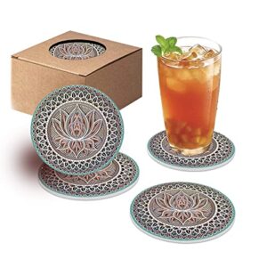 Mandala Coasters for Drinks,Doawbang Absorbent Ceramic Stone Coasters Set of 4 Cork Base Marble Art Cups Table Mats for Home Decor (Green)