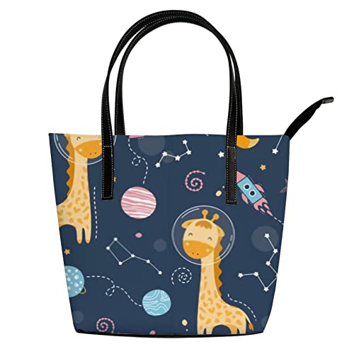 Fashionable women's handbag tote bag, Cute Giraffe in Spaceprinted shoulder bag is light and durable