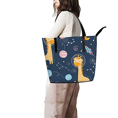 Fashionable women's handbag tote bag, Cute Giraffe in Spaceprinted shoulder bag is light and durable