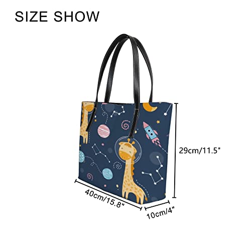 Fashionable women's handbag tote bag, Cute Giraffe in Spaceprinted shoulder bag is light and durable