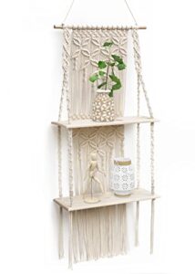 sumgar macrame wall hanging shelves 2 tier – boho hanging plant shelf for wall, wood color woven rope floating shelf, boho shelf window, bedroom, bathroom indoor wall for mother’s day, birthday