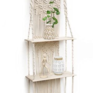 SUMGAR Macrame Wall Hanging Shelves 2 Tier - Boho Hanging Plant Shelf for Wall, Wood Color Woven Rope Floating Shelf, Boho Shelf Window, Bedroom, Bathroom Indoor Wall for Mother's Day, Birthday