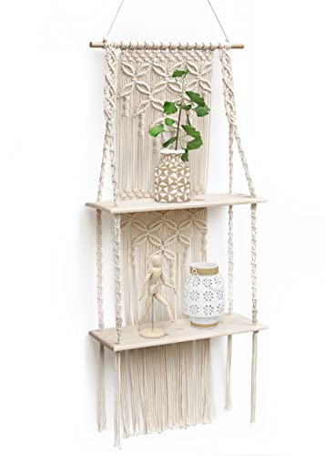 SUMGAR Macrame Wall Hanging Shelves 2 Tier - Boho Hanging Plant Shelf for Wall, Wood Color Woven Rope Floating Shelf, Boho Shelf Window, Bedroom, Bathroom Indoor Wall for Mother's Day, Birthday