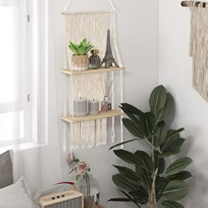 SUMGAR Macrame Wall Hanging Shelves 2 Tier - Boho Hanging Plant Shelf for Wall, Wood Color Woven Rope Floating Shelf, Boho Shelf Window, Bedroom, Bathroom Indoor Wall for Mother's Day, Birthday