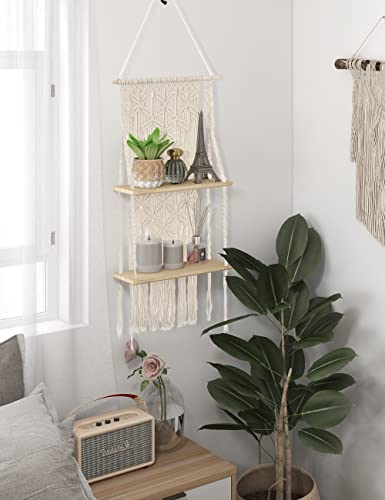 SUMGAR Macrame Wall Hanging Shelves 2 Tier - Boho Hanging Plant Shelf for Wall, Wood Color Woven Rope Floating Shelf, Boho Shelf Window, Bedroom, Bathroom Indoor Wall for Mother's Day, Birthday