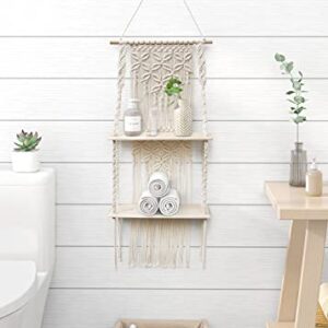 SUMGAR Macrame Wall Hanging Shelves 2 Tier - Boho Hanging Plant Shelf for Wall, Wood Color Woven Rope Floating Shelf, Boho Shelf Window, Bedroom, Bathroom Indoor Wall for Mother's Day, Birthday