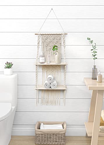 SUMGAR Macrame Wall Hanging Shelves 2 Tier - Boho Hanging Plant Shelf for Wall, Wood Color Woven Rope Floating Shelf, Boho Shelf Window, Bedroom, Bathroom Indoor Wall for Mother's Day, Birthday