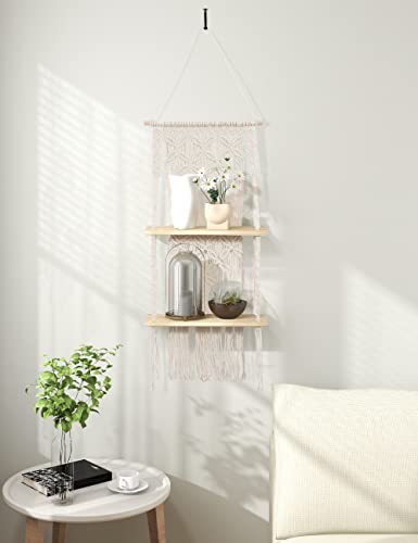 SUMGAR Macrame Wall Hanging Shelves 2 Tier - Boho Hanging Plant Shelf for Wall, Wood Color Woven Rope Floating Shelf, Boho Shelf Window, Bedroom, Bathroom Indoor Wall for Mother's Day, Birthday