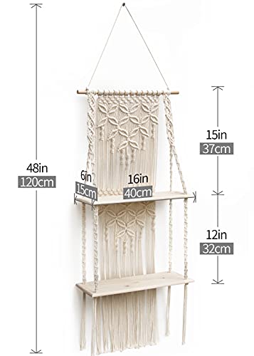 SUMGAR Macrame Wall Hanging Shelves 2 Tier - Boho Hanging Plant Shelf for Wall, Wood Color Woven Rope Floating Shelf, Boho Shelf Window, Bedroom, Bathroom Indoor Wall for Mother's Day, Birthday