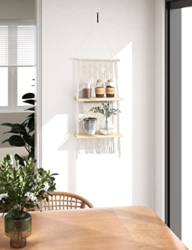 SUMGAR Macrame Wall Hanging Shelves 2 Tier - Boho Hanging Plant Shelf for Wall, Wood Color Woven Rope Floating Shelf, Boho Shelf Window, Bedroom, Bathroom Indoor Wall for Mother's Day, Birthday