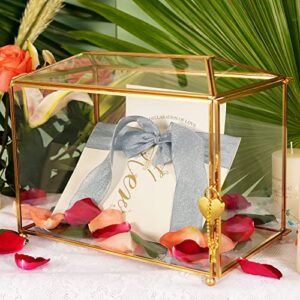 WHSLILR 10" Glass Card Box Wedding Card Box with Lock for Wedding Reception Cosmetic Home Decor, Handmade Large Geometric Terrarium with Hinged Lid, Brass Frame - (Golden/Roof)