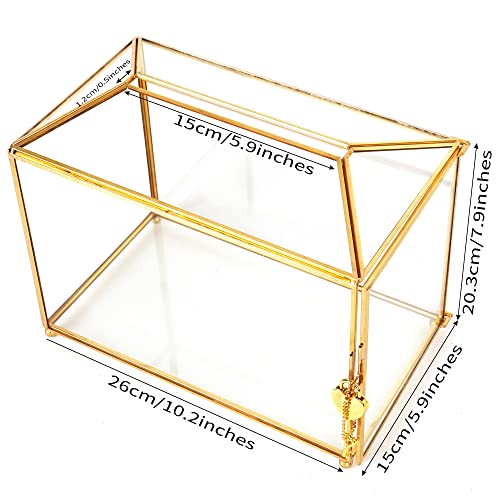 WHSLILR 10" Glass Card Box Wedding Card Box with Lock for Wedding Reception Cosmetic Home Decor, Handmade Large Geometric Terrarium with Hinged Lid, Brass Frame - (Golden/Roof)