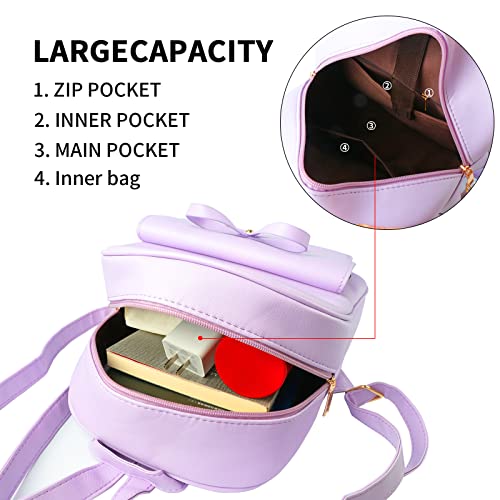 Aogist Mini Leather Backpack Purse 3-Pieces Fashion Bowknot Zipper Bags Cute Casual Travel Daypacks for Girls and Women (Purple)