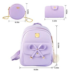 Aogist Mini Leather Backpack Purse 3-Pieces Fashion Bowknot Zipper Bags Cute Casual Travel Daypacks for Girls and Women (Purple)