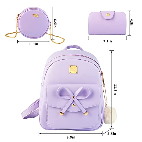 Aogist Mini Leather Backpack Purse 3-Pieces Fashion Bowknot Zipper Bags Cute Casual Travel Daypacks for Girls and Women (Purple)