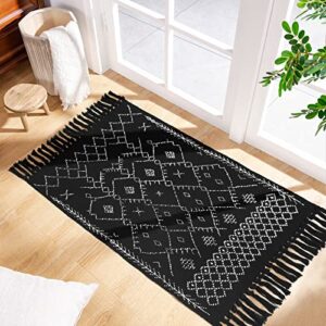 mitovilla black boho rug 2’x3′, black white small boho bathroom rug, farmhouse kitchen runner rugs, tassel boho rug for bedroom, washable bohemian cotton linen throw rug, geometric bath mat