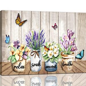 Farmhouse Bathroom Decor Wall Art Country Lavender Canvas Prints Painting Relax Soak Unwind Rustic Bathroom Pictures Framed Artwork Flower Butterfly Home Decor for Bathroom 16"x12"