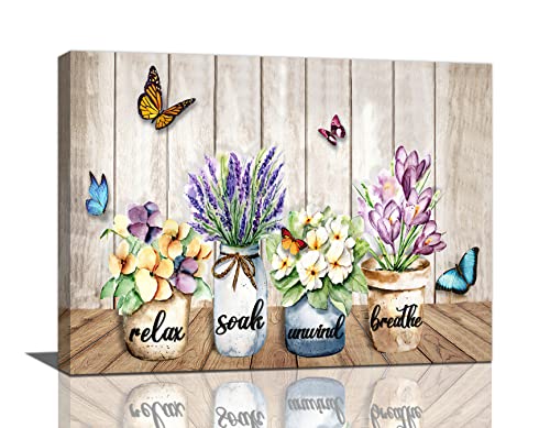 Farmhouse Bathroom Decor Wall Art Country Lavender Canvas Prints Painting Relax Soak Unwind Rustic Bathroom Pictures Framed Artwork Flower Butterfly Home Decor for Bathroom 16"x12"