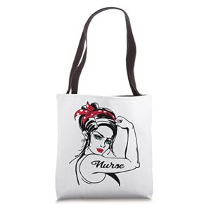 female nurse rosie the riveter pin up girl tote bag