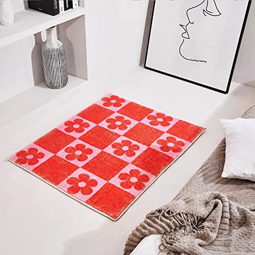 Snack Break | Cute Red Flower Checkered Rug for Bathroom, Bedroom, and Living Room | Non-Slip Backing | Ultra Soft Machine Washable Microfiber