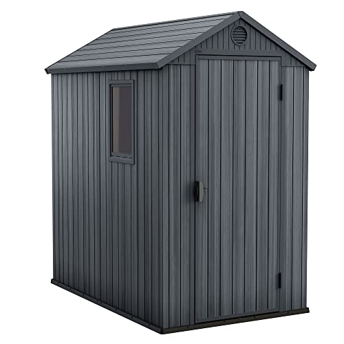 Keter Darwin 4 x 6 Foot Spacious Heavy Duty Storage Shed for Organizing Garden Accessories and Outdoor Tools with Lockable Door and High Ceiling, Gray