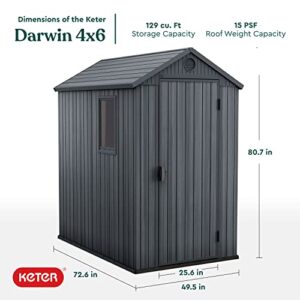 Keter Darwin 4 x 6 Foot Spacious Heavy Duty Storage Shed for Organizing Garden Accessories and Outdoor Tools with Lockable Door and High Ceiling, Gray