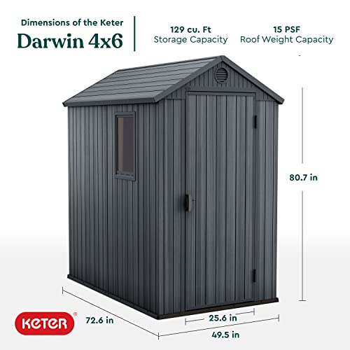 Keter Darwin 4 x 6 Foot Spacious Heavy Duty Storage Shed for Organizing Garden Accessories and Outdoor Tools with Lockable Door and High Ceiling, Gray