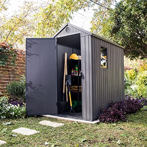 Keter Darwin 4 x 6 Foot Spacious Heavy Duty Storage Shed for Organizing Garden Accessories and Outdoor Tools with Lockable Door and High Ceiling, Gray