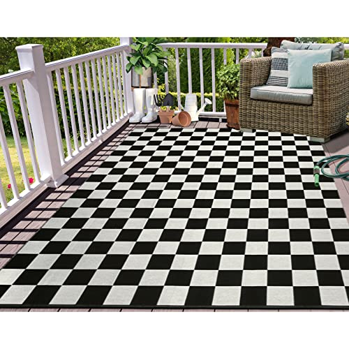 LEEVAN Black and White Checkered Outdoor Area Rug 5x7 ft Machine Washable Checkerboard Indoor Rug Extra Large Patio Rugs Woven Cotton Plaid Floor Carpet for Living Room/Balcony/Backyard