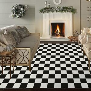 LEEVAN Black and White Checkered Outdoor Area Rug 5x7 ft Machine Washable Checkerboard Indoor Rug Extra Large Patio Rugs Woven Cotton Plaid Floor Carpet for Living Room/Balcony/Backyard