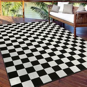 LEEVAN Black and White Checkered Outdoor Area Rug 5x7 ft Machine Washable Checkerboard Indoor Rug Extra Large Patio Rugs Woven Cotton Plaid Floor Carpet for Living Room/Balcony/Backyard