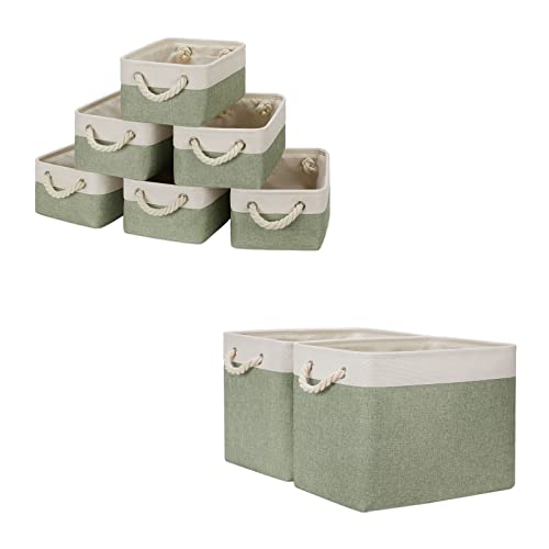 Temary Baskets 6 Pcs Fabric Storage Bins for Shelves Bundled with 2 Fabric Storage Basket for Organizing Nursery, Home (White&Green, 11.8Lx7.9Wx5.3H Inches, 16Lx12Wx12H Inches)