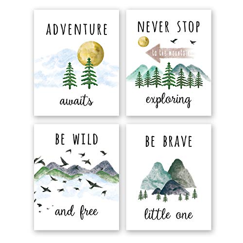 XUOIAYNB Colorful Inspirational Adventure Quote Art Print-- Nature Mountain Forest Motivational Saying Canvas Wall Art--(12”X16”X4 pcs, Unframed)--Perfect for Office Nursery Summer Decoration