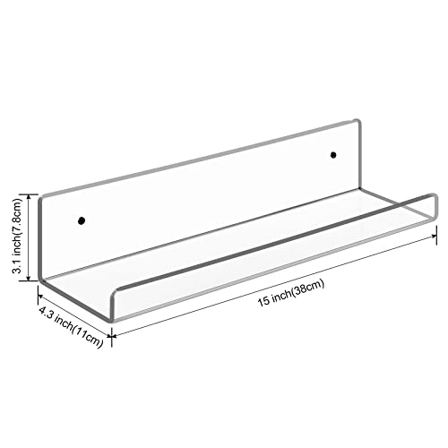 LileZbox Acrylic Clear Floating Shelves, Wall Mounted Acrylic Invisible Bookshelf,Spice Rack Organizer,Storage Shelves Display Organizer on Kids Room, Bathroom, Kitchen, Bedroom (6, 15 x 4.3 inch)