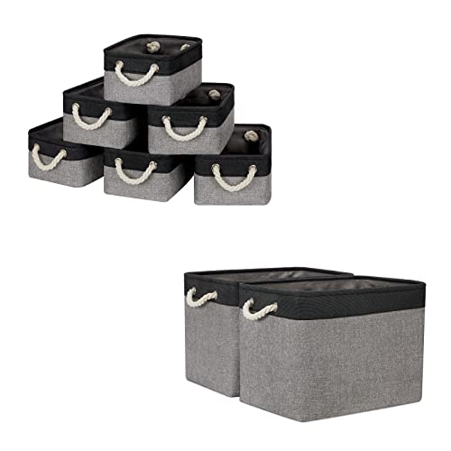 Temary Storage Baskets 6 Pack Small Fabric Storage Bins with 2 Pcs Large Baskets for Organizing Towels, Blankets (Black&Gray, 11.8Lx7.9Wx5.3H Inches, 16Lx12Wx12H Inches)