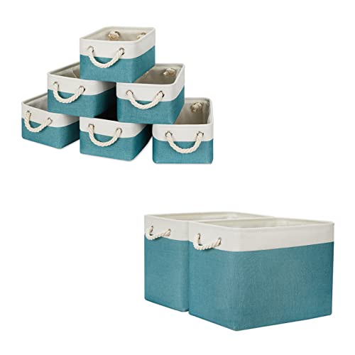 Temary Collapsible Storage Bins Set of 6 Fabric Storage Baskets 2 Pcs Decorative Baskets for Gifts Empty (White&Teal, 11.8Lx7.9Wx5.3H Inches, 16Lx12Wx12H Inches)