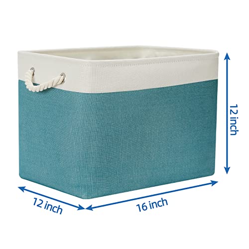 Temary Collapsible Storage Bins Set of 6 Fabric Storage Baskets 2 Pcs Decorative Baskets for Gifts Empty (White&Teal, 11.8Lx7.9Wx5.3H Inches, 16Lx12Wx12H Inches)