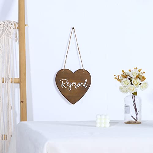 BAYSBAI Hanging Reserved Signs Pack of 4, Heart-Shaped Wooden Reserved Signs for Wedding Chairs with Jute Rope to Hang on Church Pews, Seating, Doorways, Aisles, Rows for Parties, Receptions