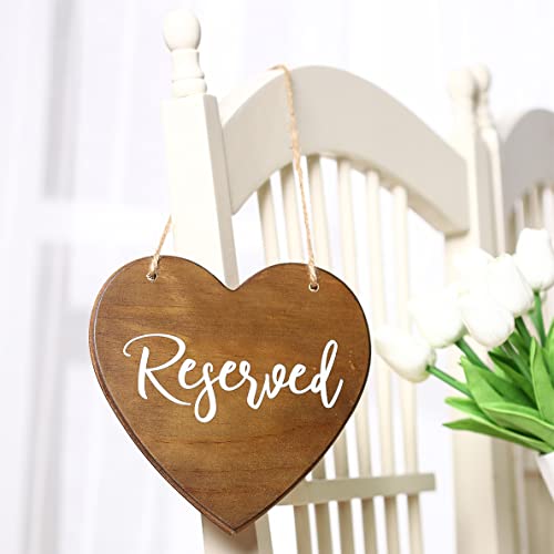 BAYSBAI Hanging Reserved Signs Pack of 4, Heart-Shaped Wooden Reserved Signs for Wedding Chairs with Jute Rope to Hang on Church Pews, Seating, Doorways, Aisles, Rows for Parties, Receptions