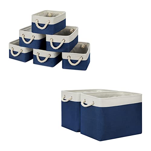 Temary 6 Pcs Small Storage Baskets for Shelves, 2 Pcs Fabric Storage Bins for Organizing Clothes, Toys, Books (White&Blue, 11.8Lx7.9Wx5.3H Inches, 16Lx12Wx12H Inches)