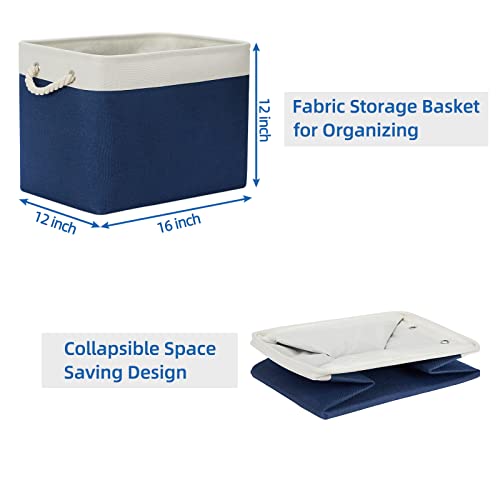 Temary 6 Pcs Small Storage Baskets for Shelves, 2 Pcs Fabric Storage Bins for Organizing Clothes, Toys, Books (White&Blue, 11.8Lx7.9Wx5.3H Inches, 16Lx12Wx12H Inches)