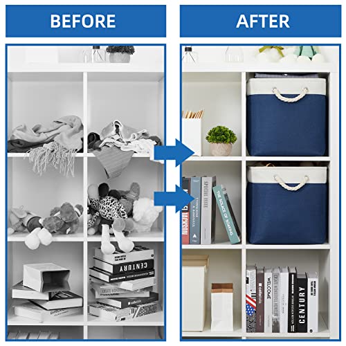 Temary 6 Pcs Small Storage Baskets for Shelves, 2 Pcs Fabric Storage Bins for Organizing Clothes, Toys, Books (White&Blue, 11.8Lx7.9Wx5.3H Inches, 16Lx12Wx12H Inches)