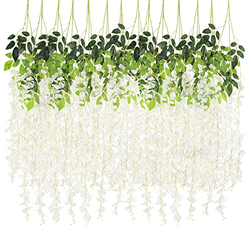 CEWOR 14pcs Wisteria Hanging Flowers 3.6ft Artificial Wisteria Vines Fake Hanging Garland Silk Flowers for Wedding Garden Outdoor Party Home Wall Decoration (White)