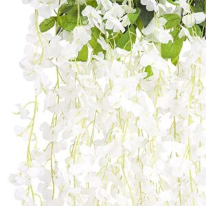 CEWOR 14pcs Wisteria Hanging Flowers 3.6ft Artificial Wisteria Vines Fake Hanging Garland Silk Flowers for Wedding Garden Outdoor Party Home Wall Decoration (White)