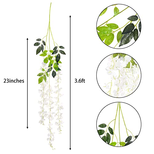 CEWOR 14pcs Wisteria Hanging Flowers 3.6ft Artificial Wisteria Vines Fake Hanging Garland Silk Flowers for Wedding Garden Outdoor Party Home Wall Decoration (White)