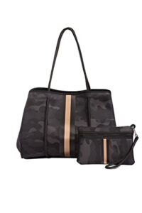 haute shore – greyson instinct neoprene tote bag, black camo w/gold strip