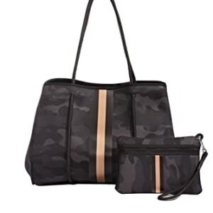 Haute Shore - Greyson Instinct Neoprene Tote Bag, Black Camo W/Gold Strip